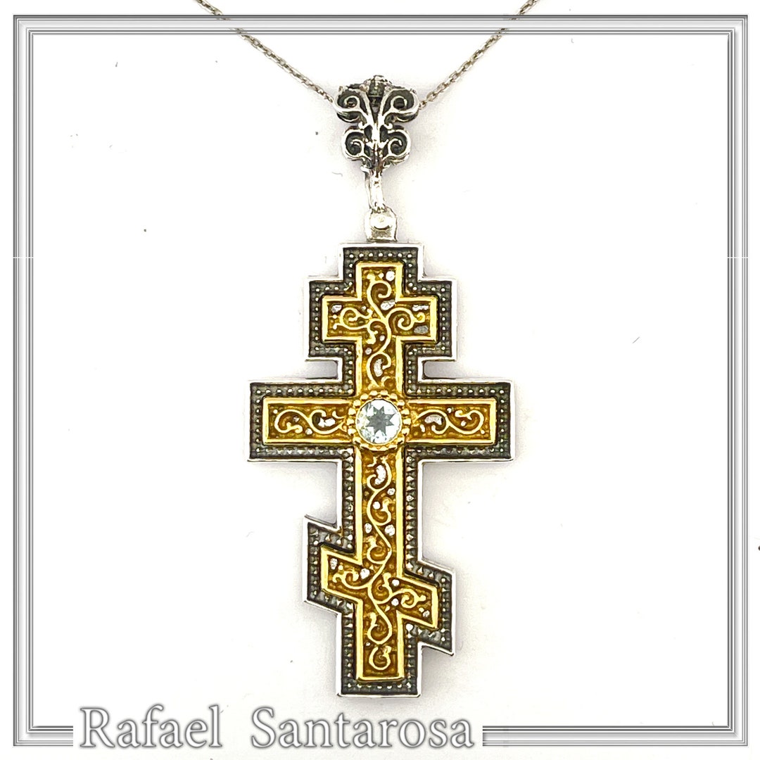 Christian Orthodox Silver Cross With Sky Blue Topaz With 18ct Gold ...