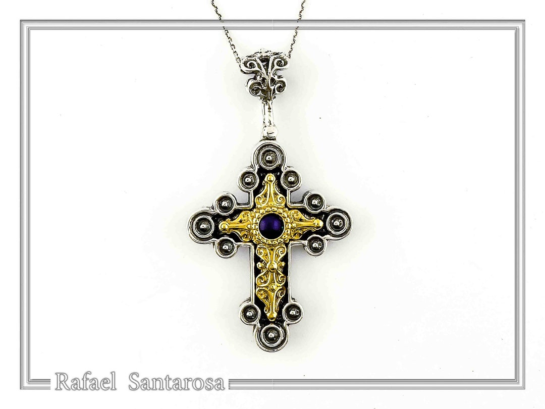 Lapis Byzantine Cross on Oxidized Sterling Silver and 18ct Gold Filled ...