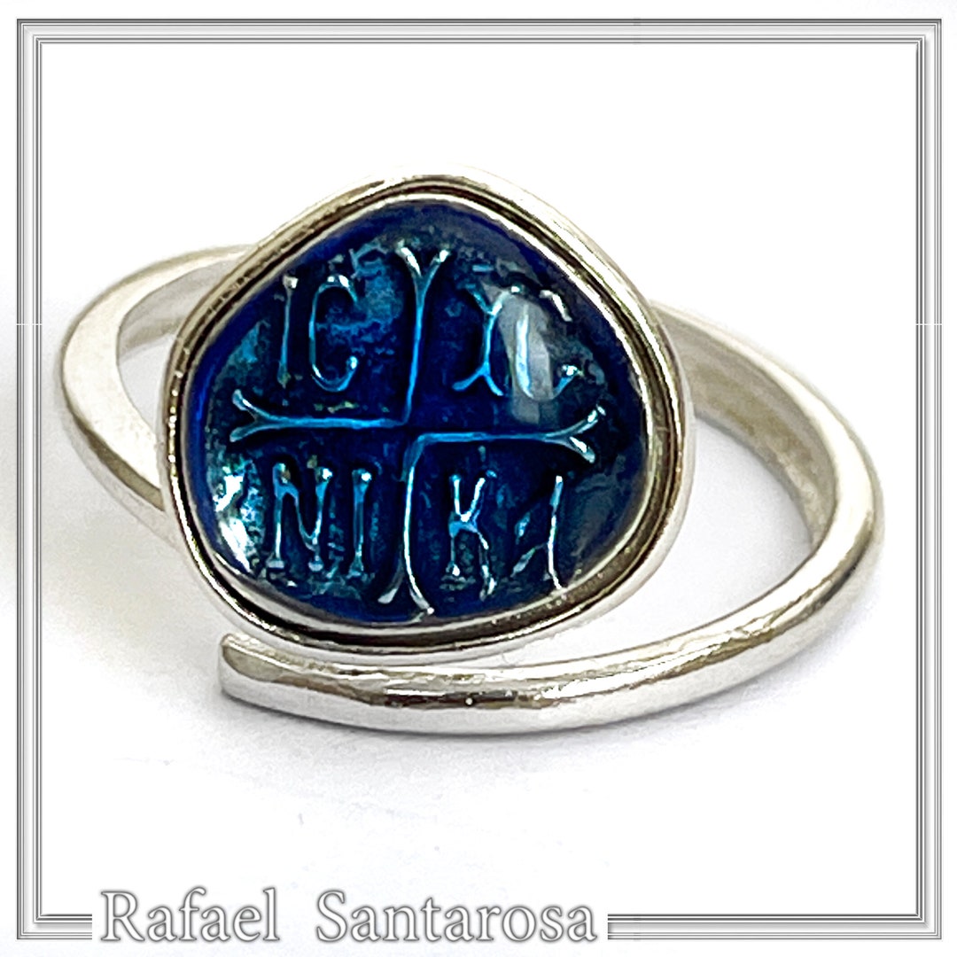 Jesus Christ Wins Adjustable Ring Christogram Talisman Blue Enamel ...