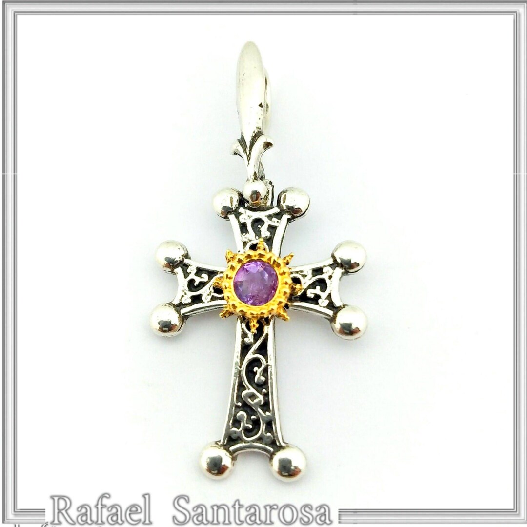 Byzantine Silver Hand Engraved Cross With Genuine Amethyst: Oxidized ...