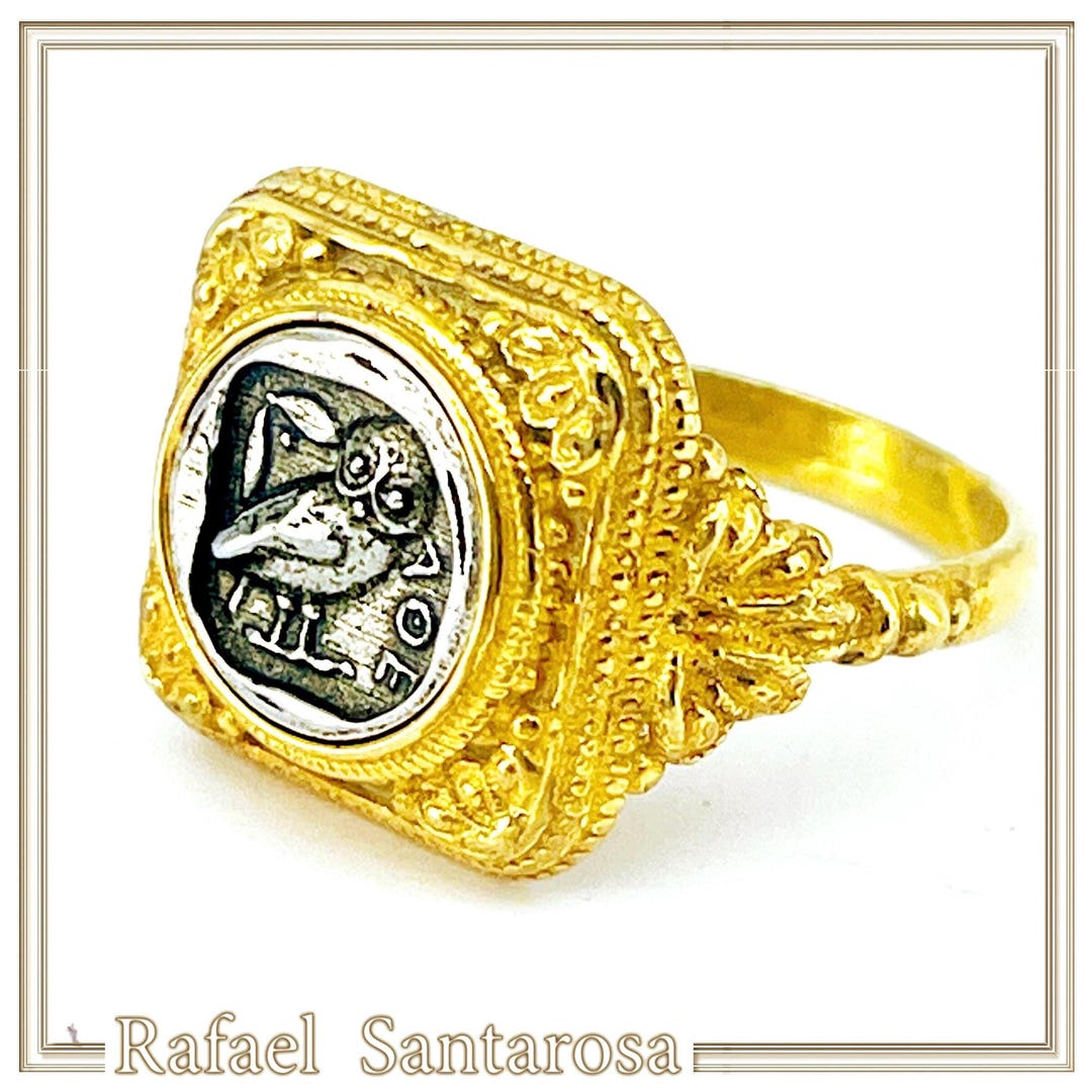 Tetradrachm Owl Coin Filigree Ring: Oxidized Silver Coin on 18K Gold ...
