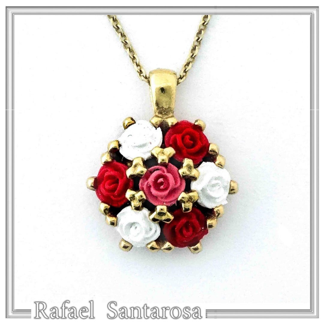 Handmade Alabaster Rose Flowers Necklace: Sterling Silver 18K Gold ...