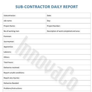 Contractor Daily Report Template, Subcontractor Daily Report Form, Sub ...