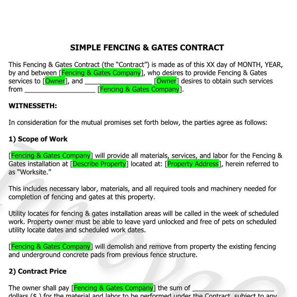 Fencing Contractor Agreement - Etsy