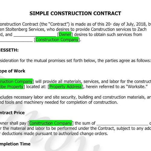 Simple Construction Contract Template Construction Handyman - Etsy