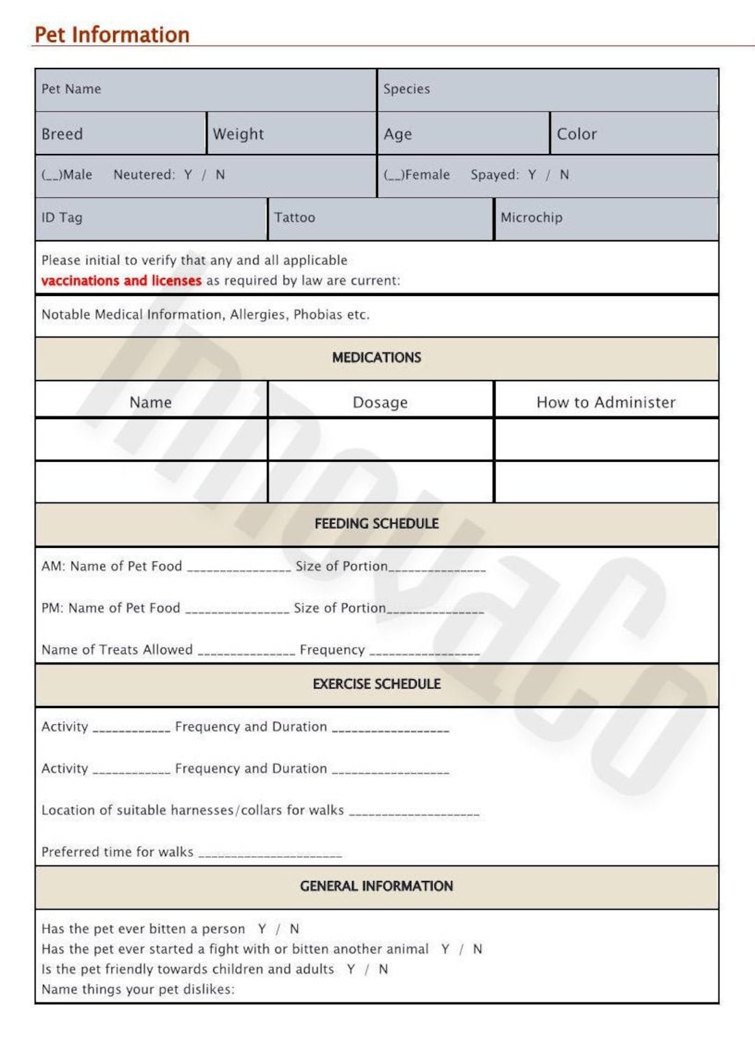 Pet Info Form Template, Pet Bio Template, Pet Sitter Info Sheet, Pet ...
