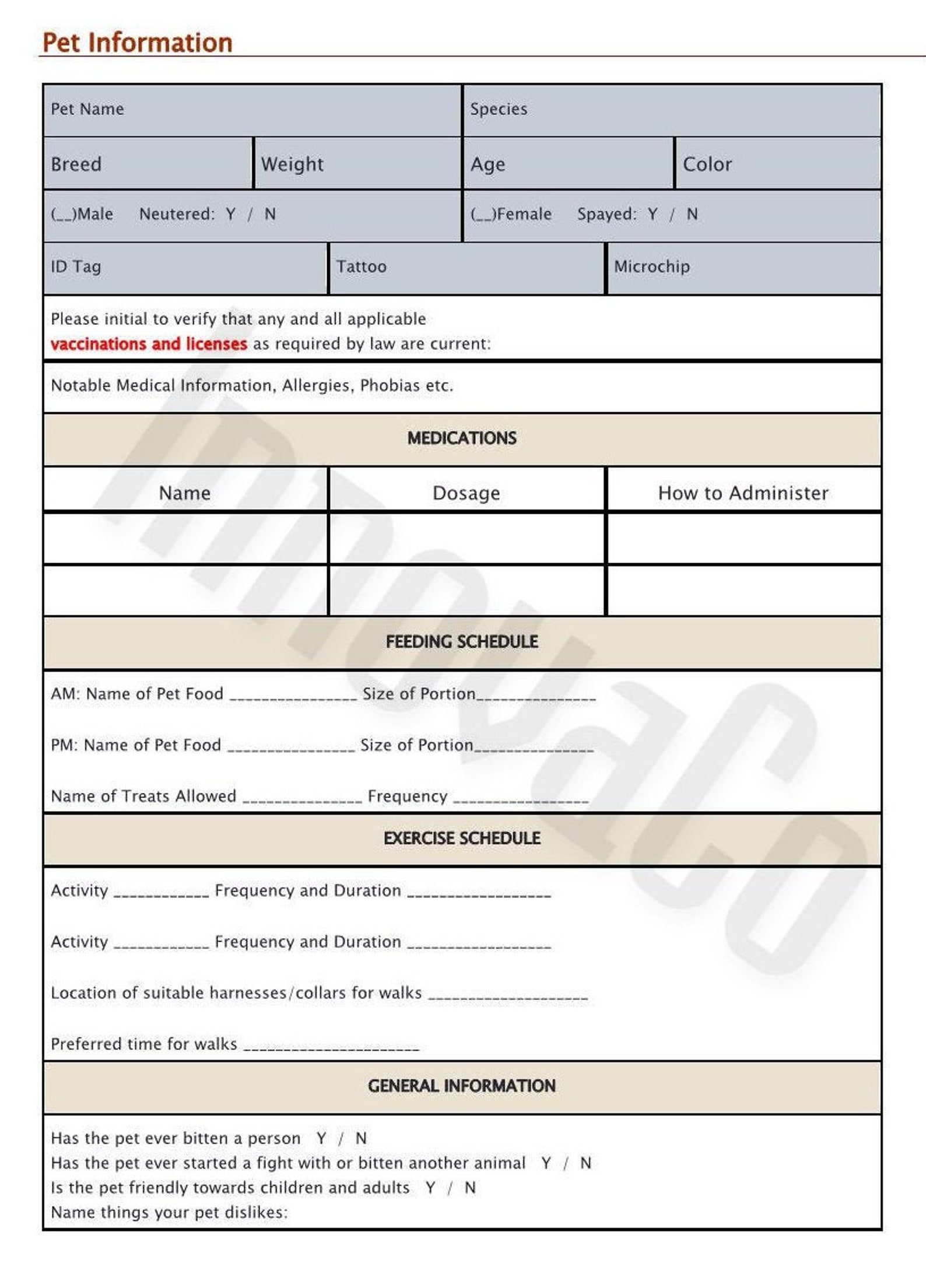 Pet Info Form Template, Pet Bio Template, Pet Sitter Info Sheet, Pet ...
