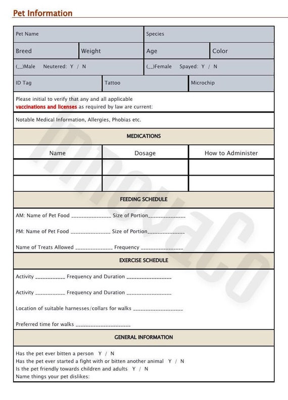 Pet Info Form Template Pet Bio Template Pet Sitter Info - Etsy