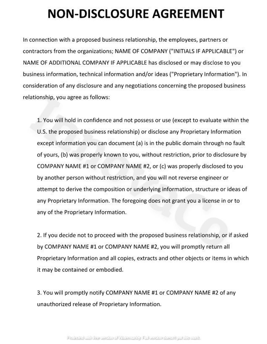 Non-disclosure Agreement Template, NDA Template, NDA Form, Non ...