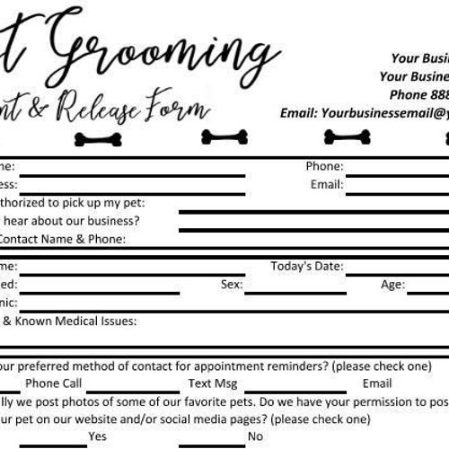Pet Grooming Consent and Release Form Pet Grooming Dog - Etsy