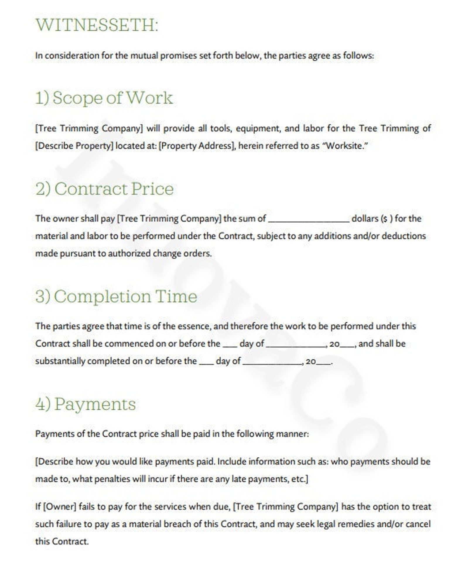 Tree Trimming Contract Template, Tree Removal Contract Agreement, Tree ...