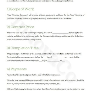 Tree Trimming Contract Template, Tree Removal Contract Agreement, Tree ...
