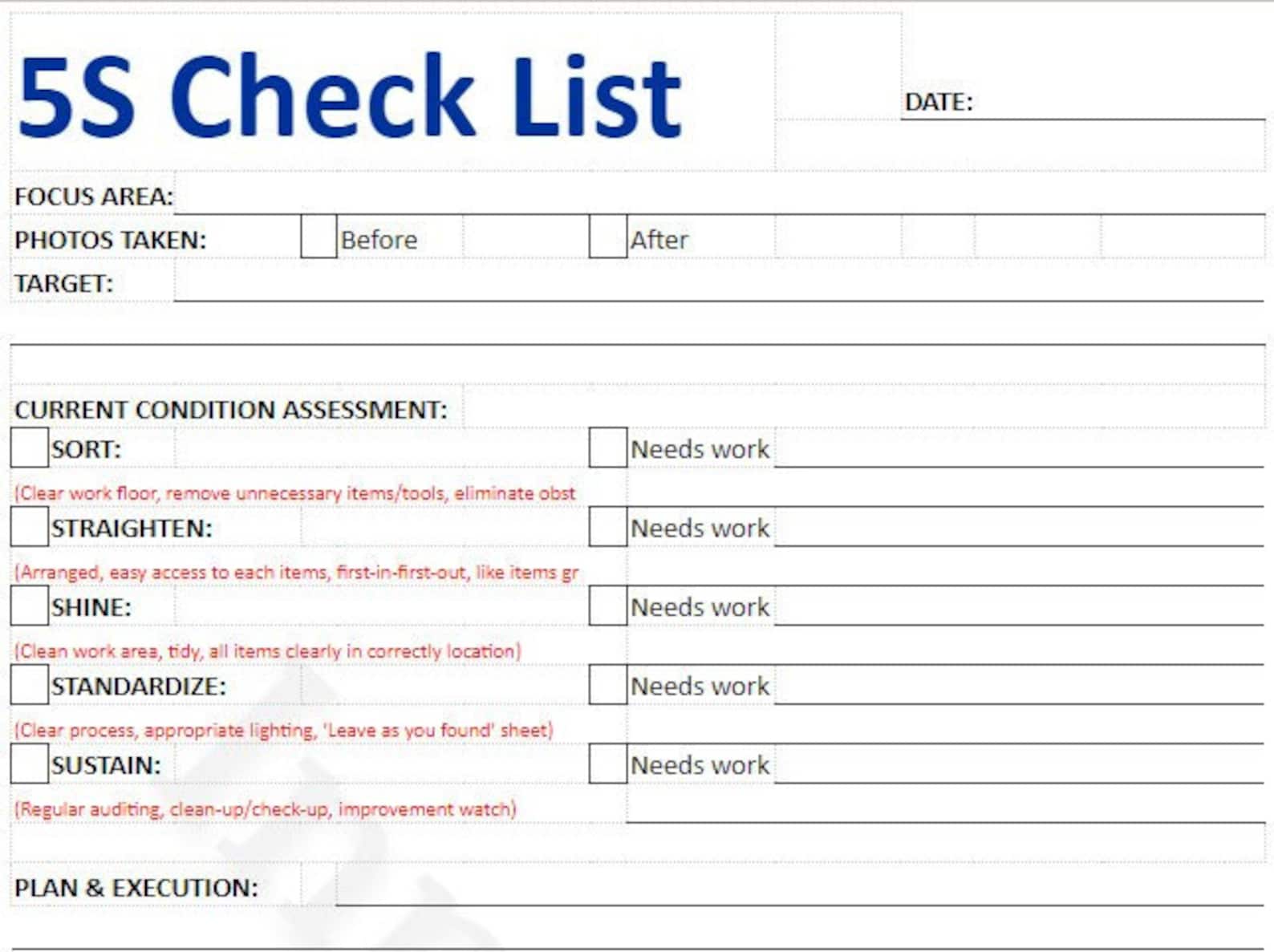 5S Checklist, 5S, LEAN Six Sigma, Checklist, Workplace Organization ...