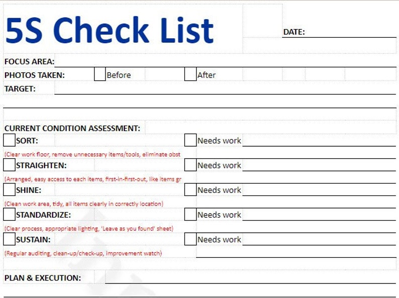 5S Checklist, 5S, LEAN Six Sigma, Checklist, Workplace Organization ...