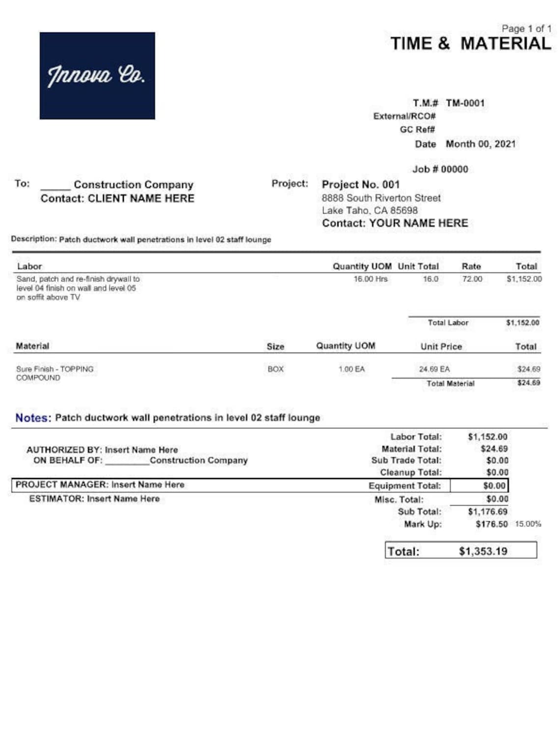 Simple T&M Template, Extra Work Order Ticket Template, Handyman Time ...