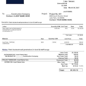 Simple T&M Template, Extra Work Order Ticket Template, Handyman Time ...