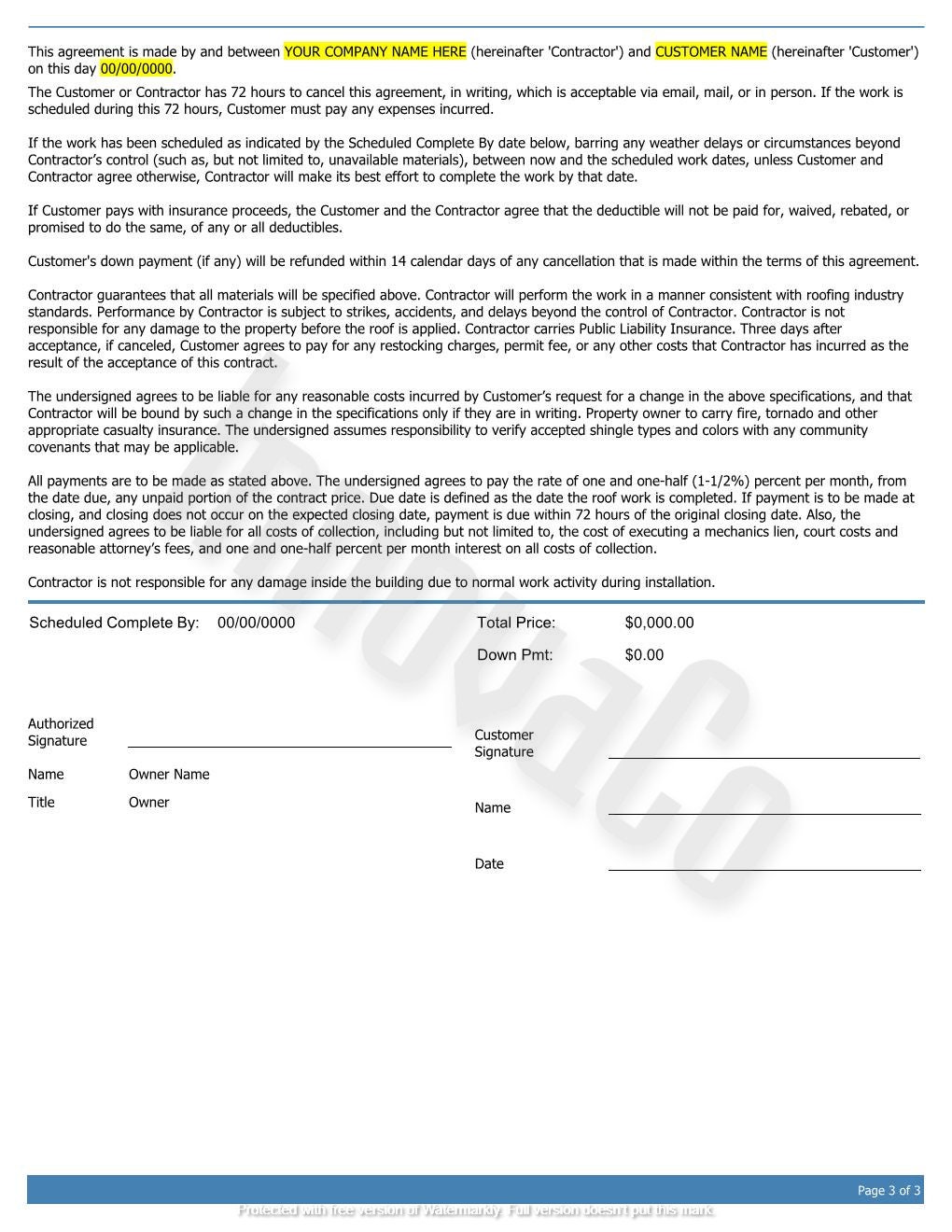 Roofing Contract Template Roofing Quote Form Roofing | Etsy