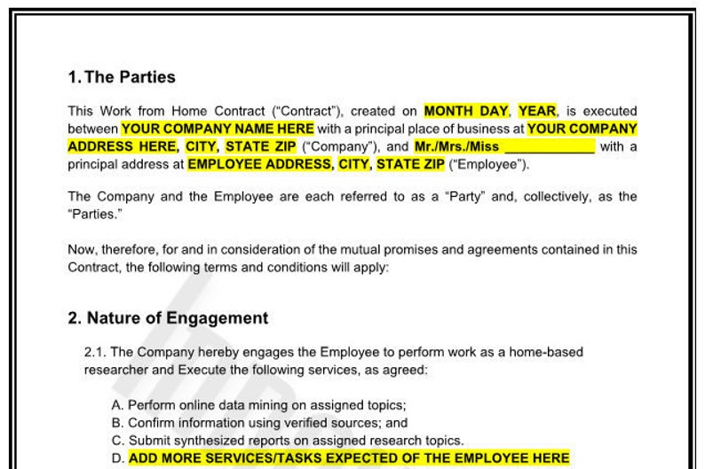 Work From Home Contract Template, Remote Work Contract Agreement ...