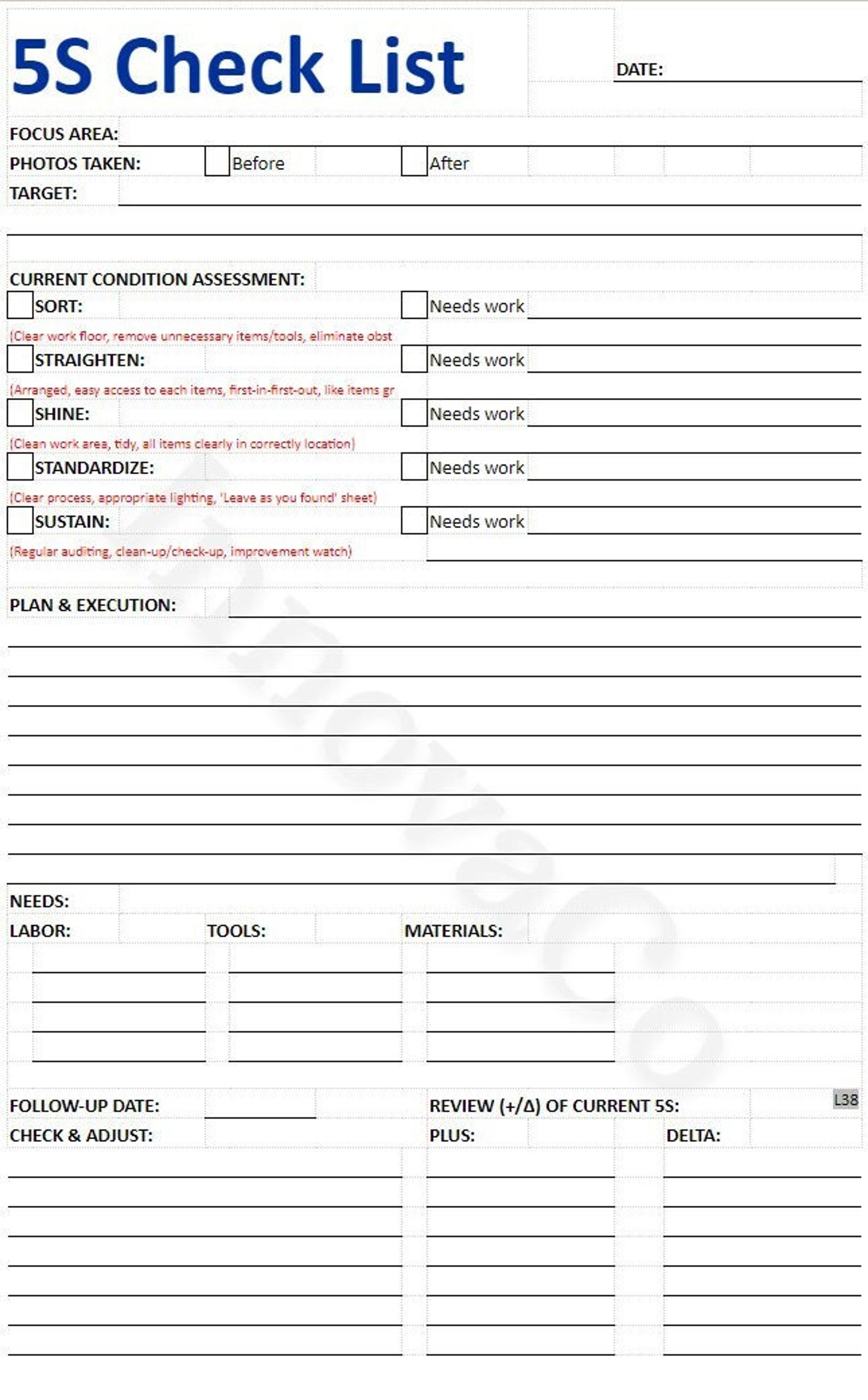 5S Checklist, 5S, LEAN Six Sigma, Checklist, Workplace Organization ...