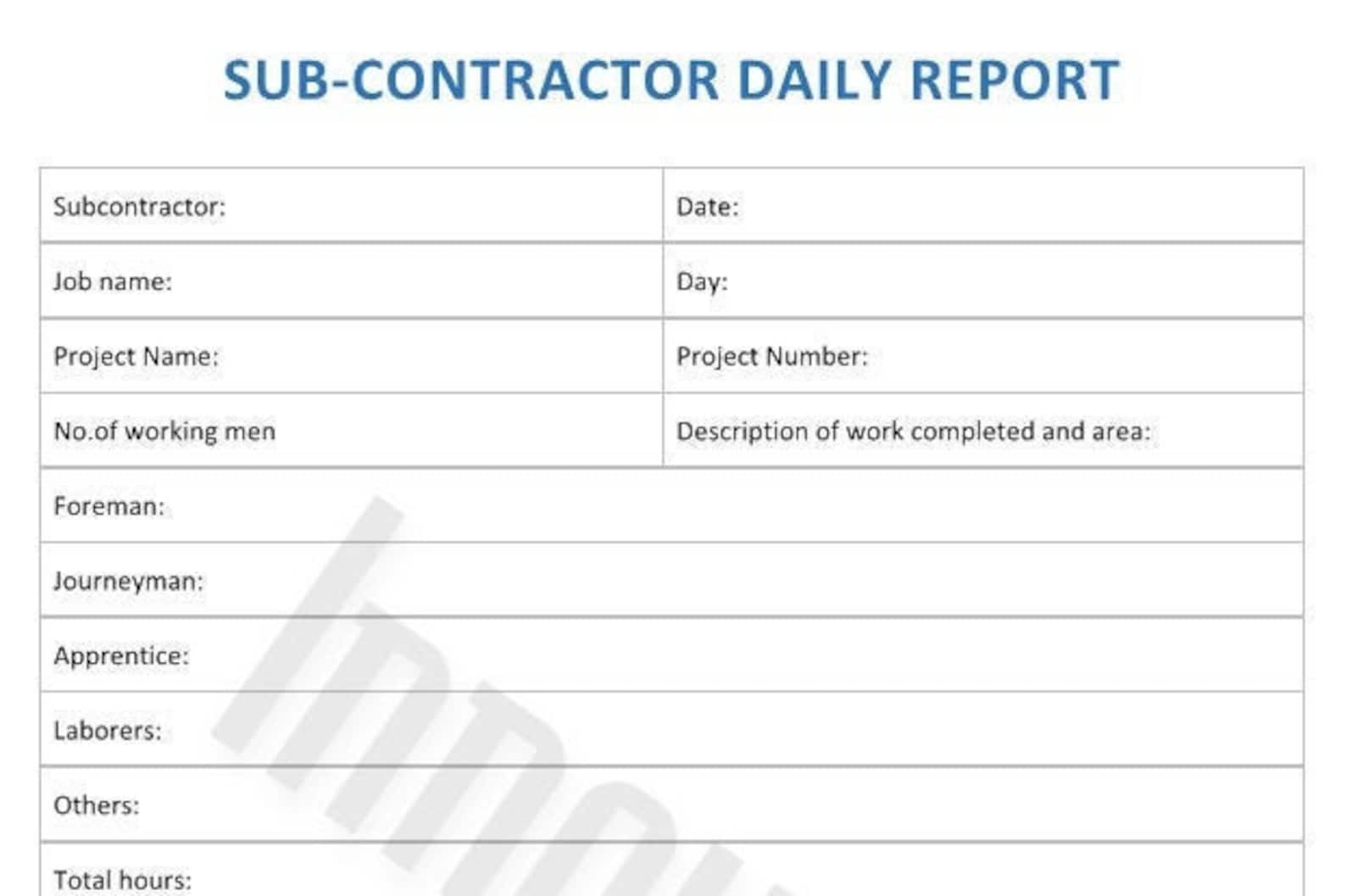 Contractor Daily Report Template, Subcontractor Daily Report Form, Sub ...
