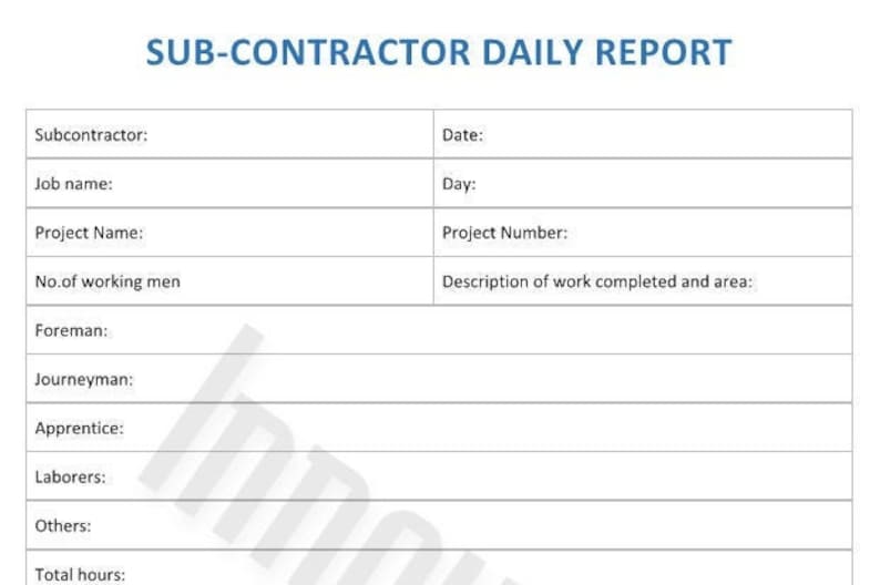 Contractor Daily Report Template, Subcontractor Daily Report Form, Sub ...