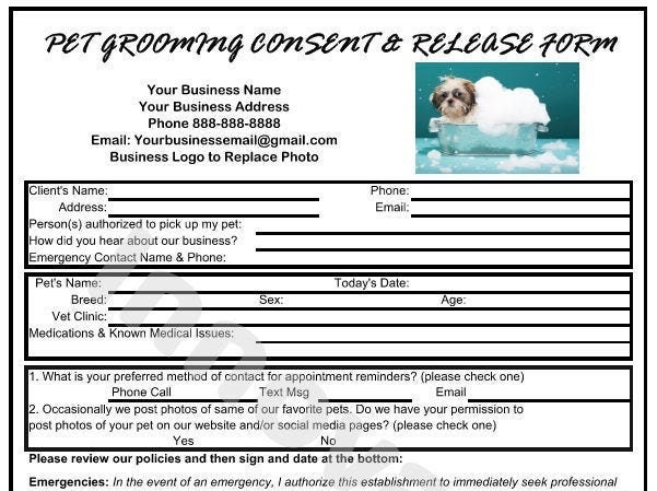 Pet Grooming Consent and Release Form Version 2, Pet Grooming, Dog Grooming, Grooming, Consent ...