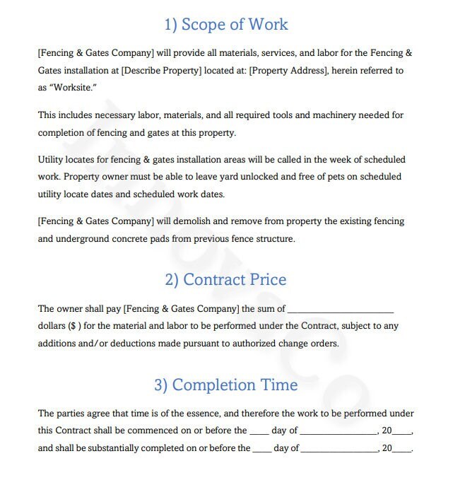 Fencing Contract, Fencing Contract Template, Fencing and Gates Install ...