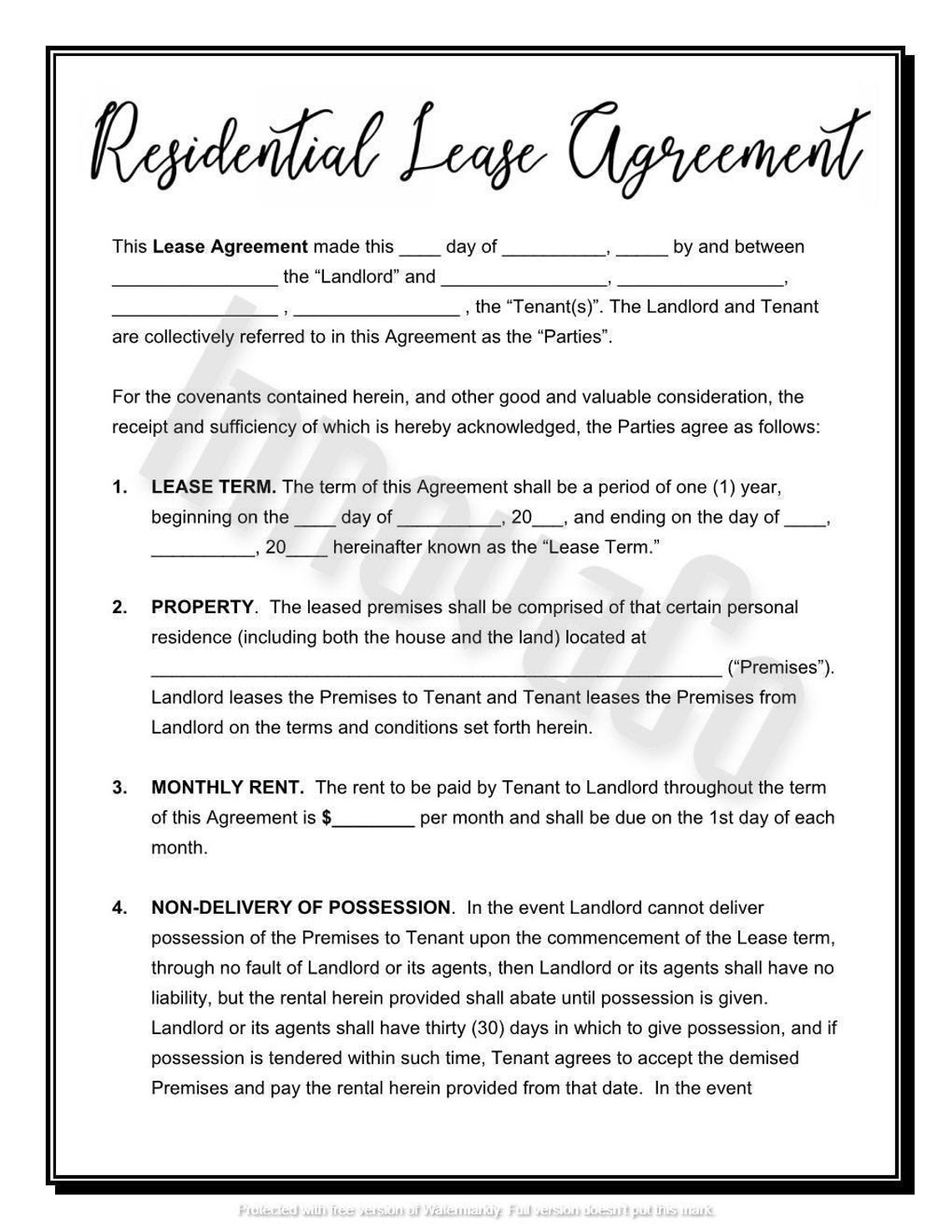 Rental Agreement, Residential Lease Agreement, Lease Contract, Rental ...