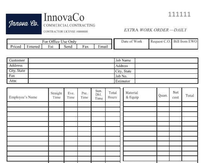 Simple Extra Work Order Ticket Template, T&M Template, Handyman Time ...