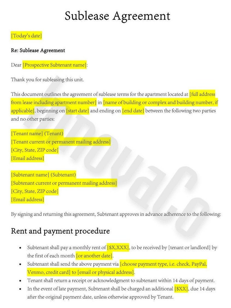 Sublease Agreement, Roommate Agreement, Sublease Template, Sublease ...
