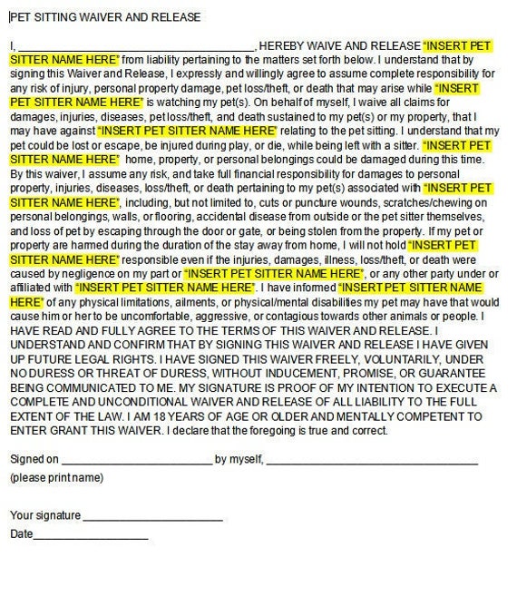 Pet Sitting Waiver Form Pet Sitting Release Form Dog - Etsy