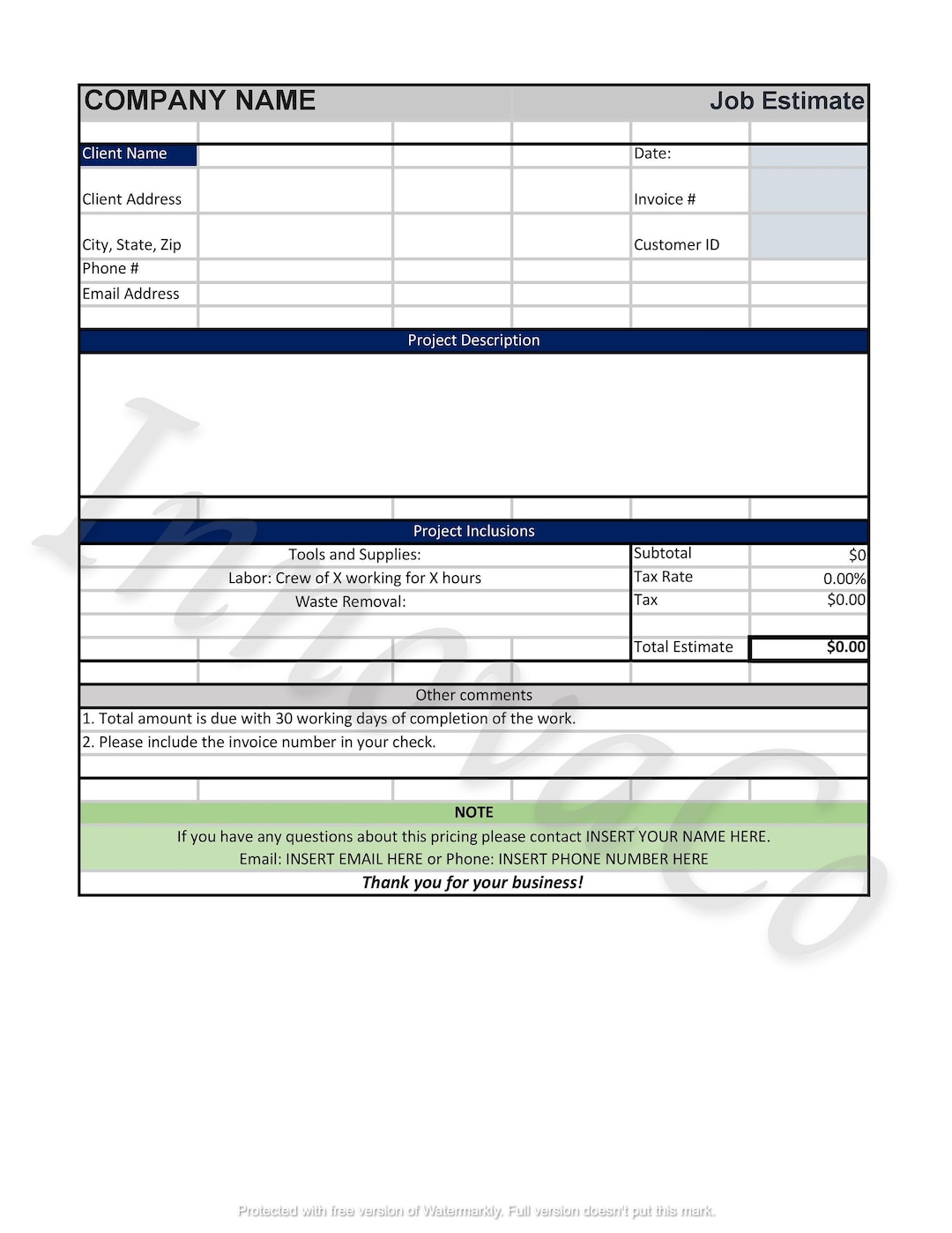 Contractor Estimate, Contractor Quote, Handyman Quote, Estimate ...