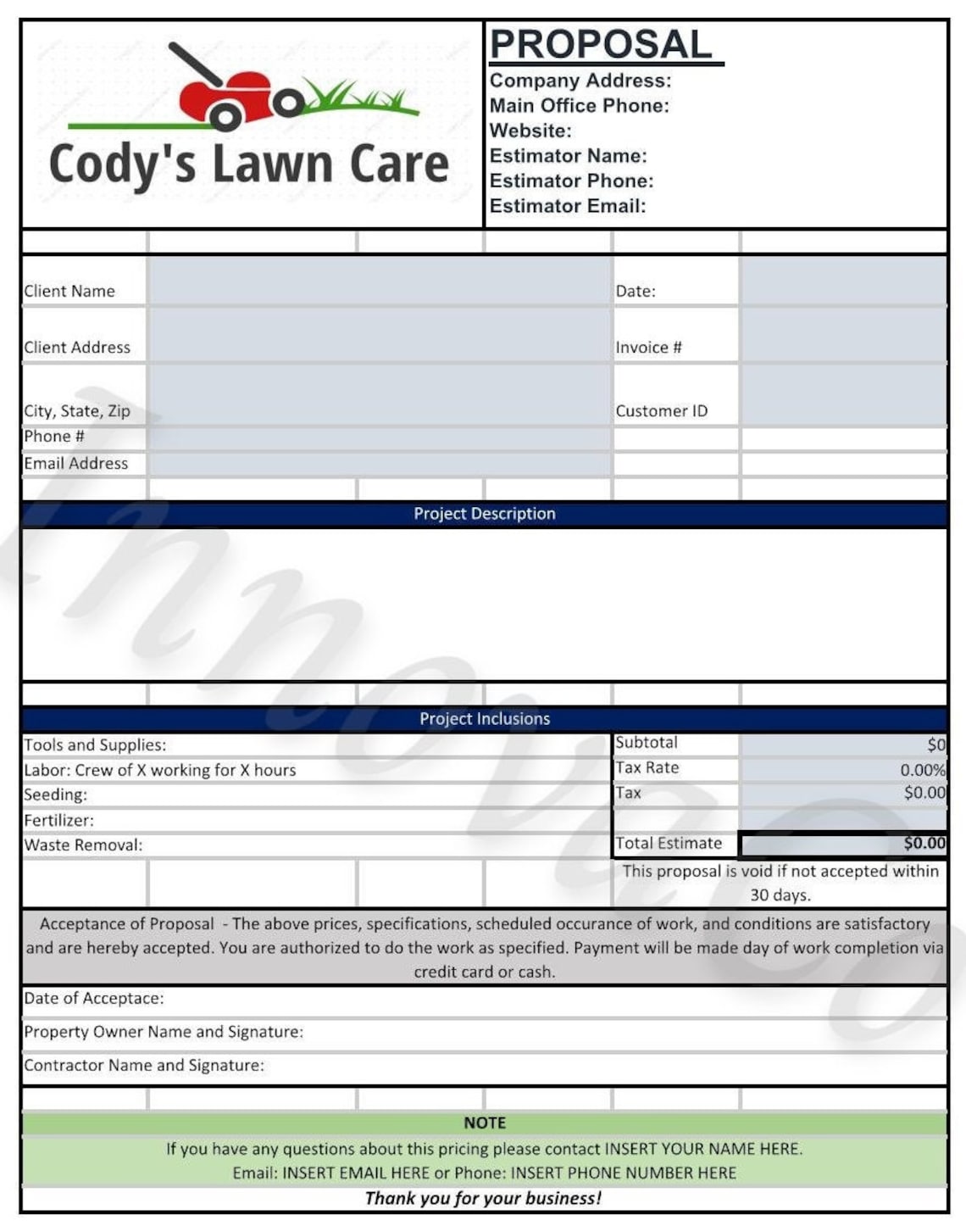 Lawn Care Quote Template, Lawn Care Estimate Template, Lawn Mowing ...