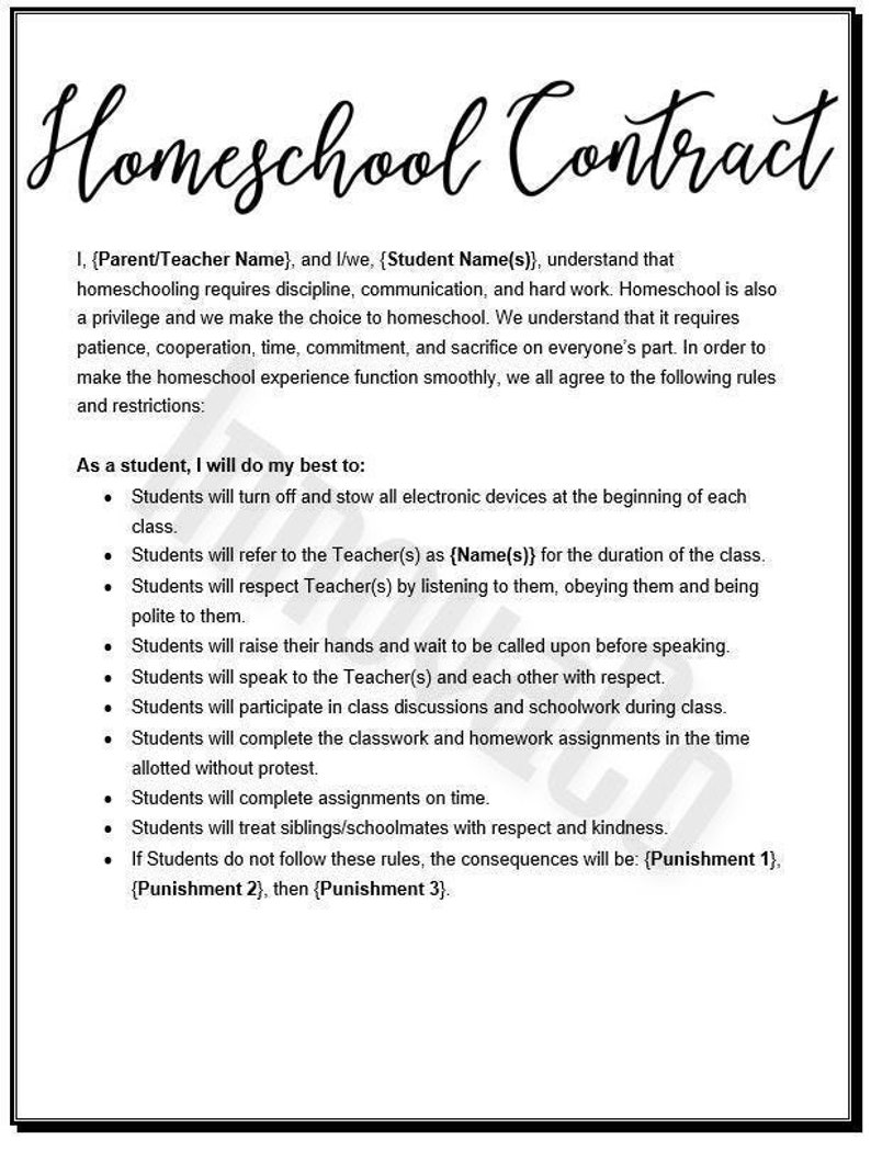 Homeschool Contract, Homeschool Agreement, Homeschool Templates ...