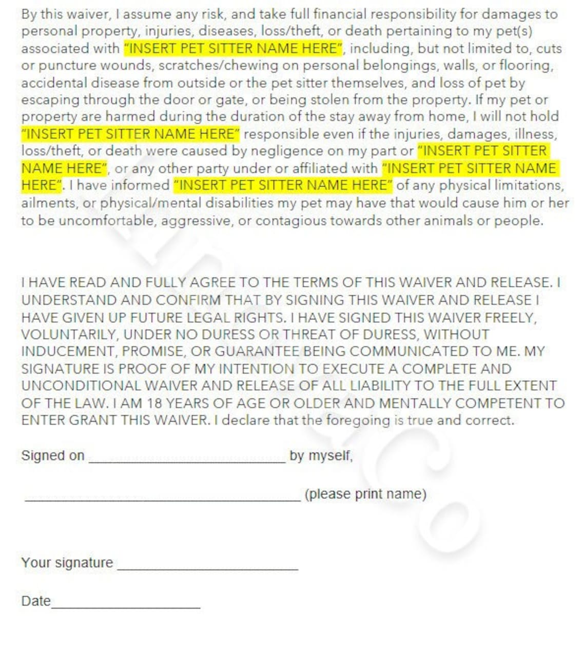 Pet Sitting Waiver Form, Pet Sitting Release Form, Dog Boarding Forms ...