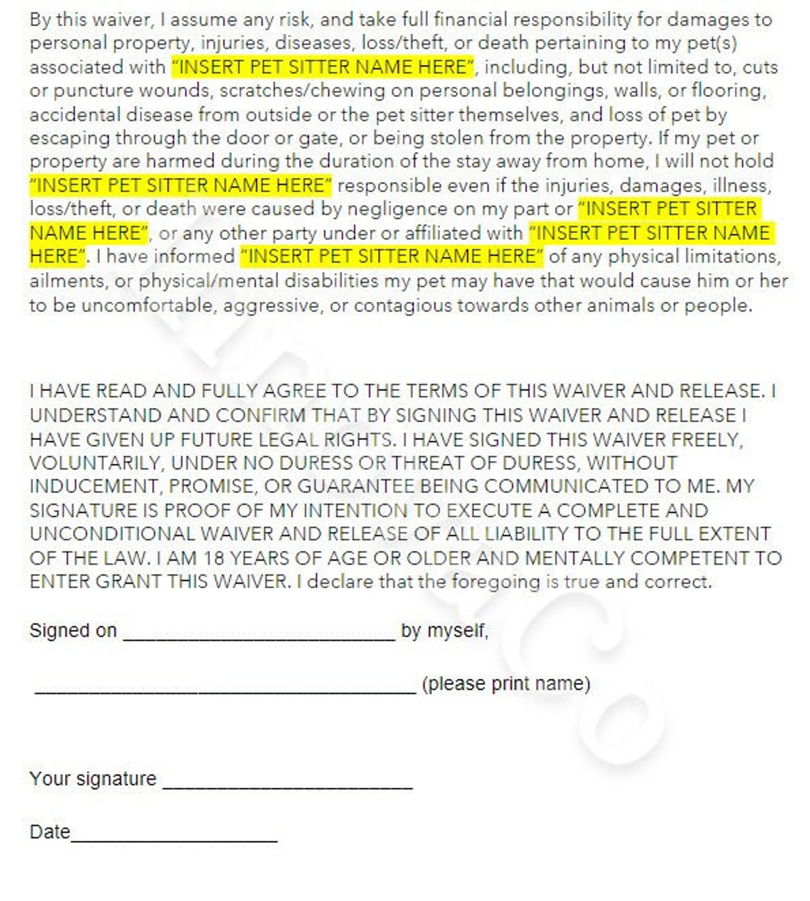 Pet Sitting Waiver Form, Pet Sitting Release Form, Dog Boarding Forms ...