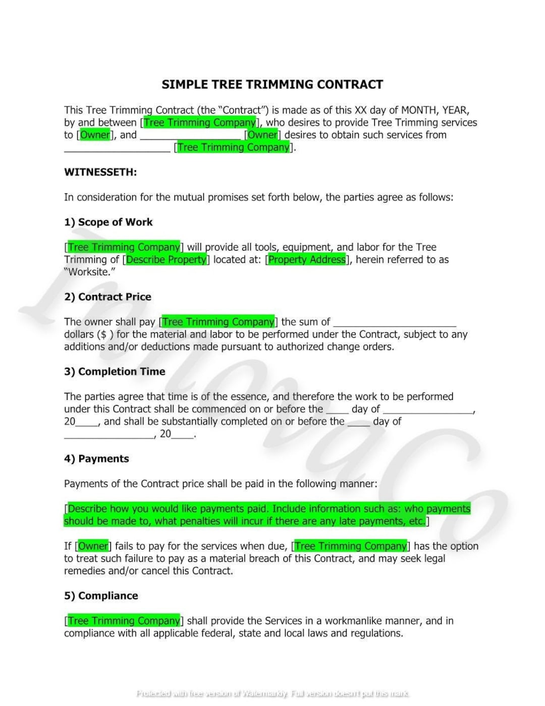 Tree Trimming Contract Template, Tree Removal Contract Agreement, Tree ...