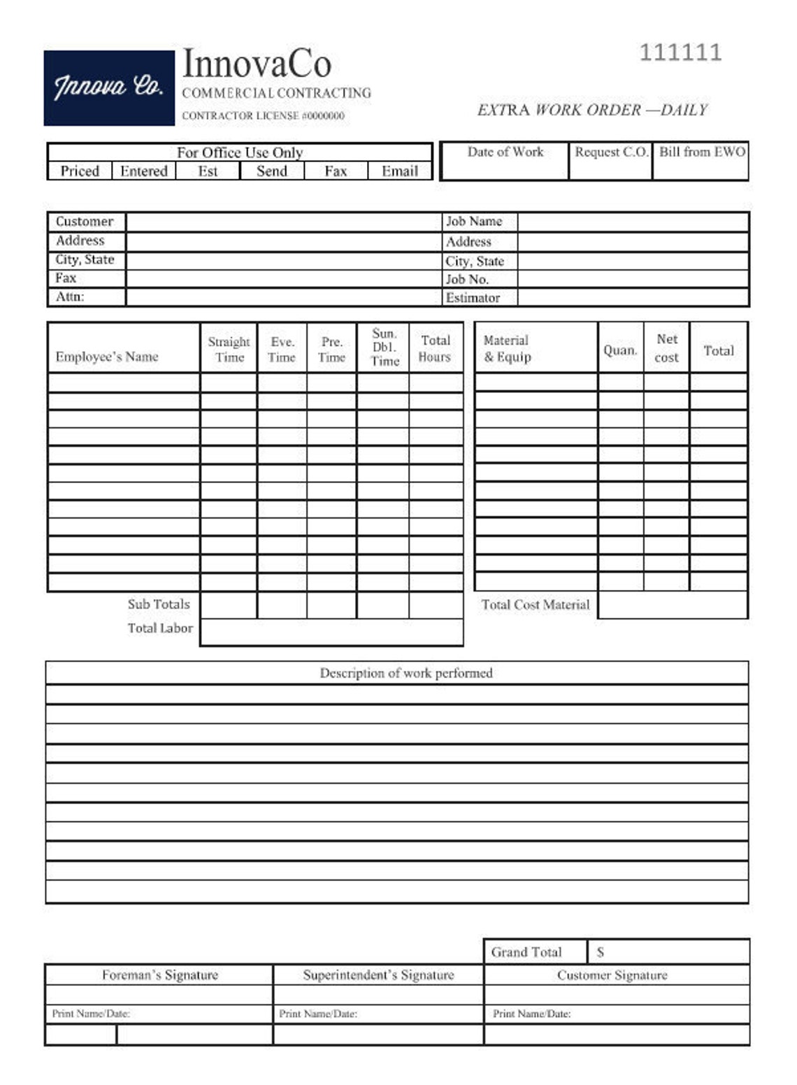 Simple Extra Work Order Ticket Template, T&M Template, Handyman Time ...