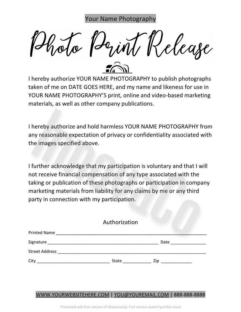 Photo Print Release Template, Photo Print Release Form, Photography ...