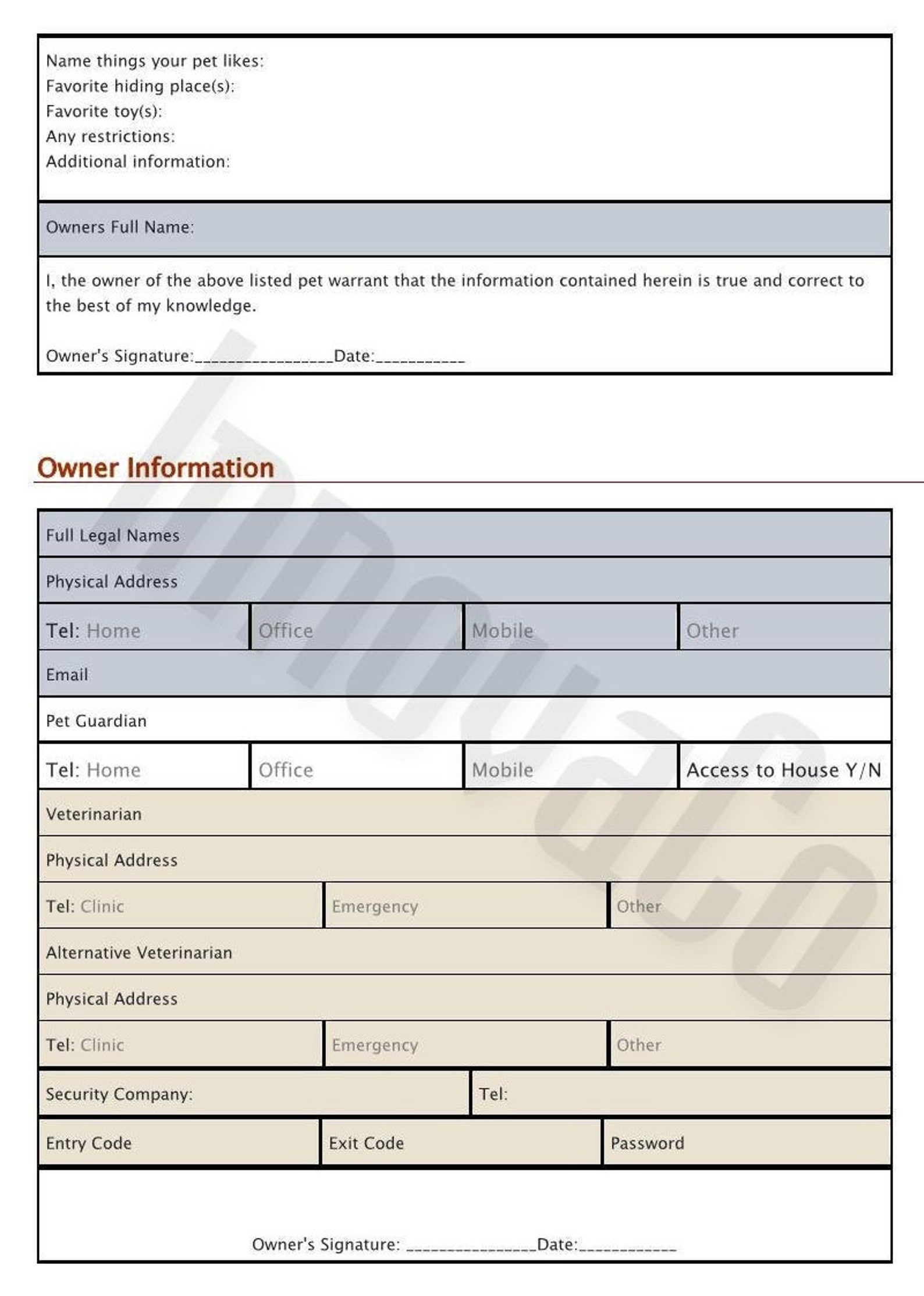 Pet Info Form Template, Pet Bio Template, Pet Sitter Info Sheet, Pet ...