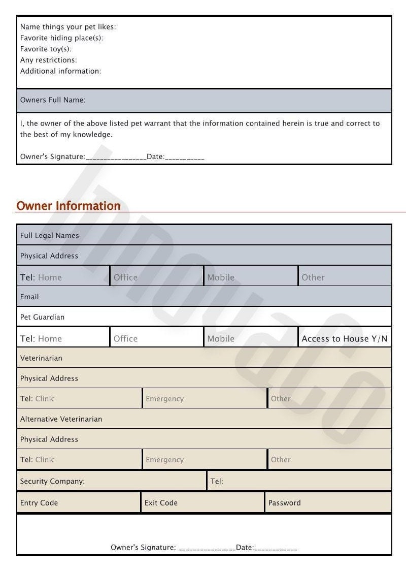 Pet Info Form Template, Pet Bio Template, Pet Sitter Info Sheet, Pet ...