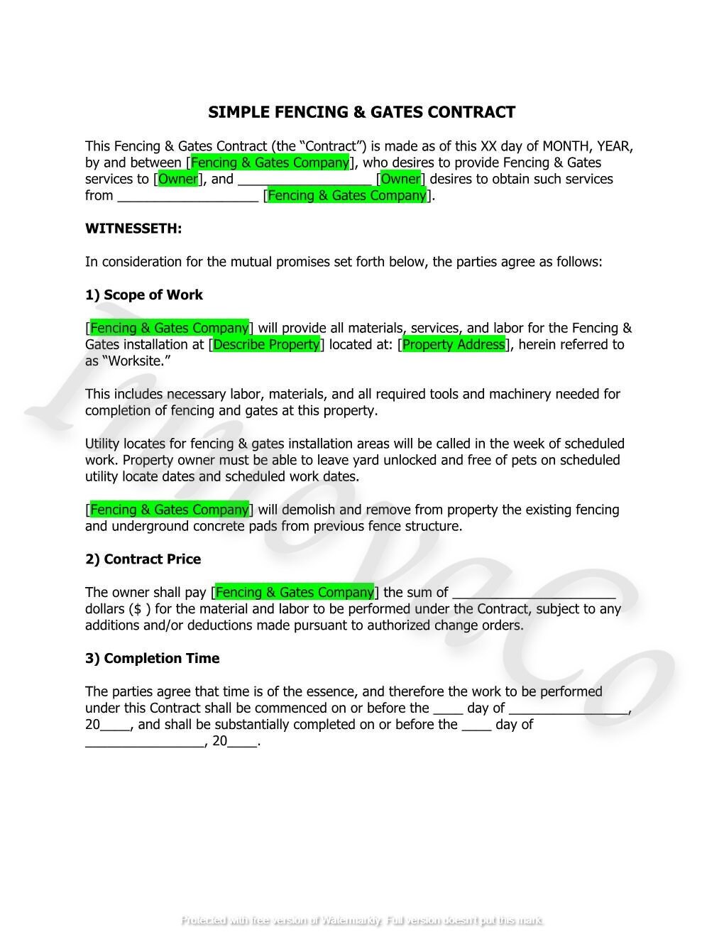 Simple Fencing Contract Fencing Contract Template Fencing Etsy Australia