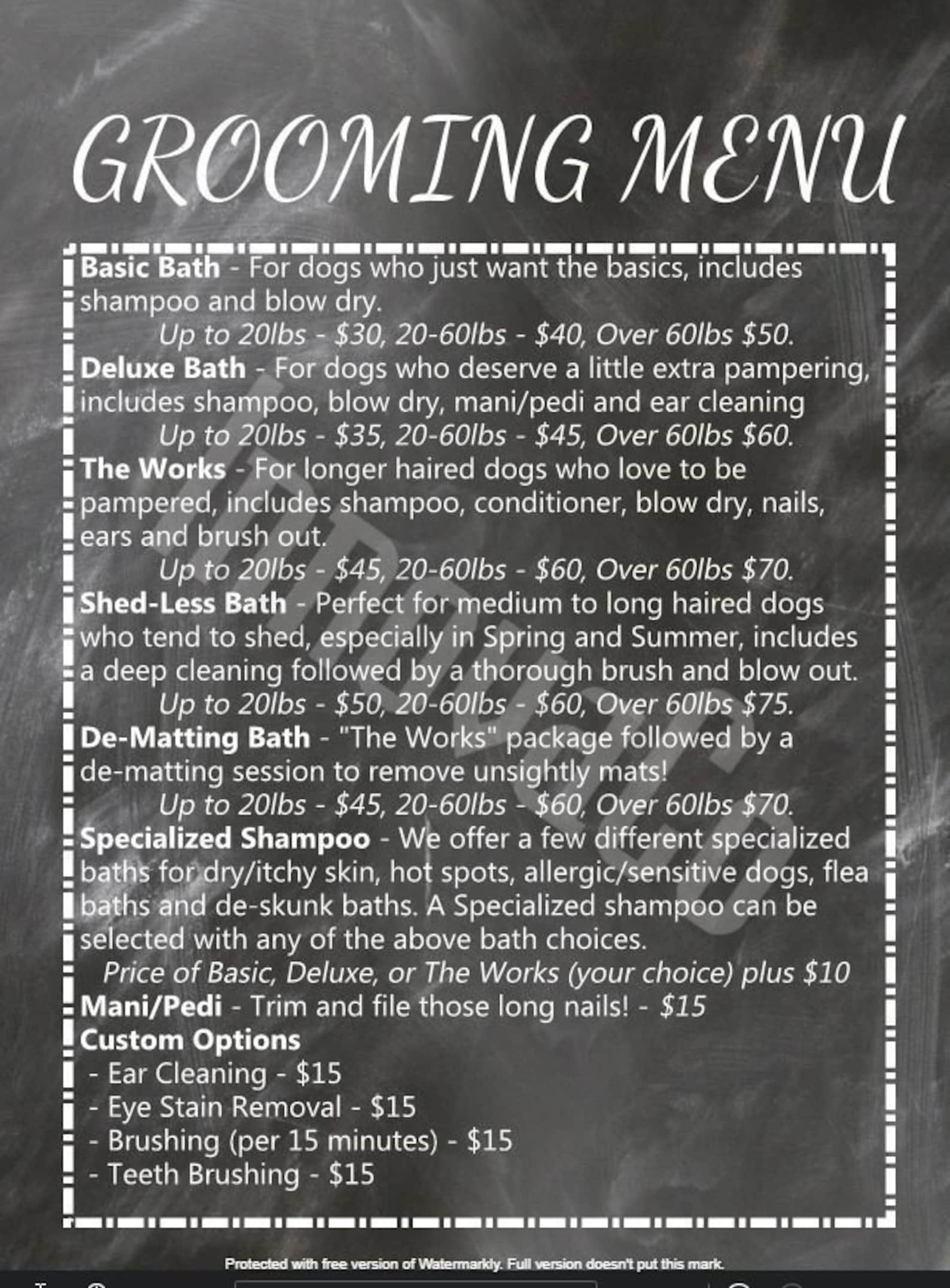 Pet Grooming Menu, Dog Grooming Menu, Grooming Menu Template, Editable ...