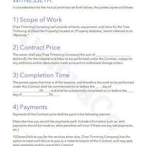 Tree Trimming Contract Template, Tree Removal Contract Agreement, Tree ...