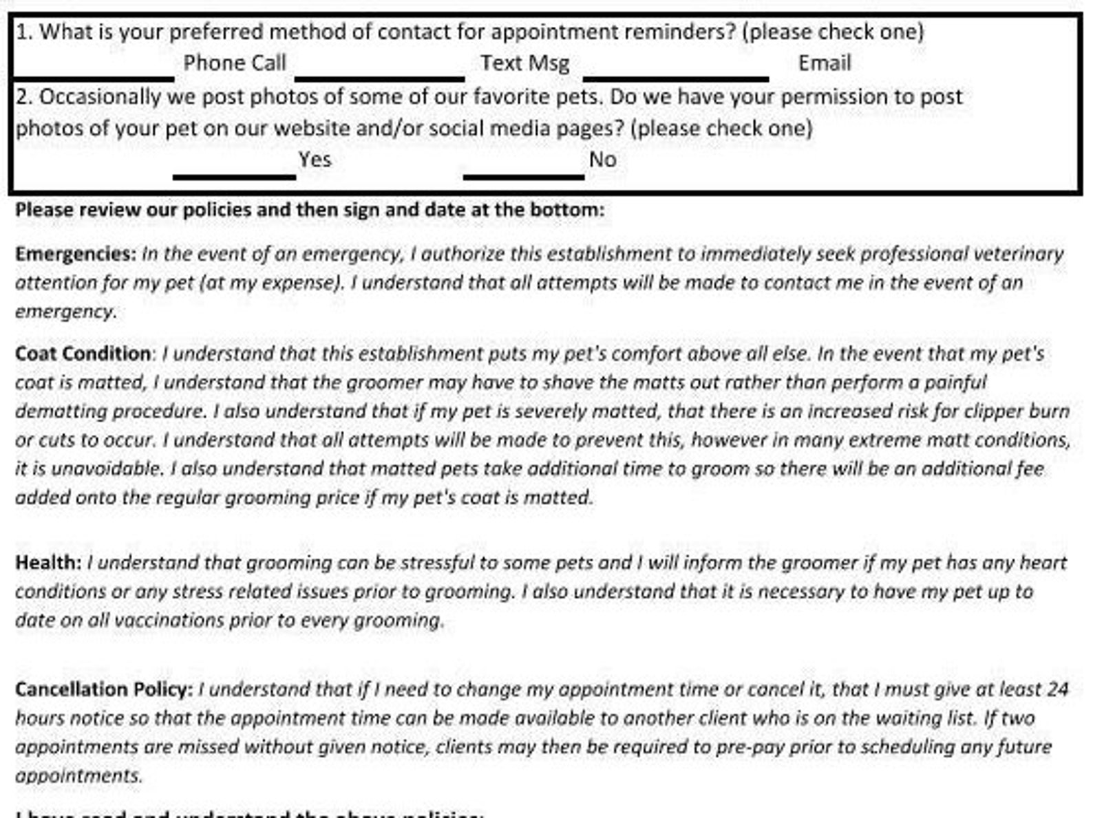 Pet Grooming Consent and Release Form, Pet Grooming, Dog Grooming ...