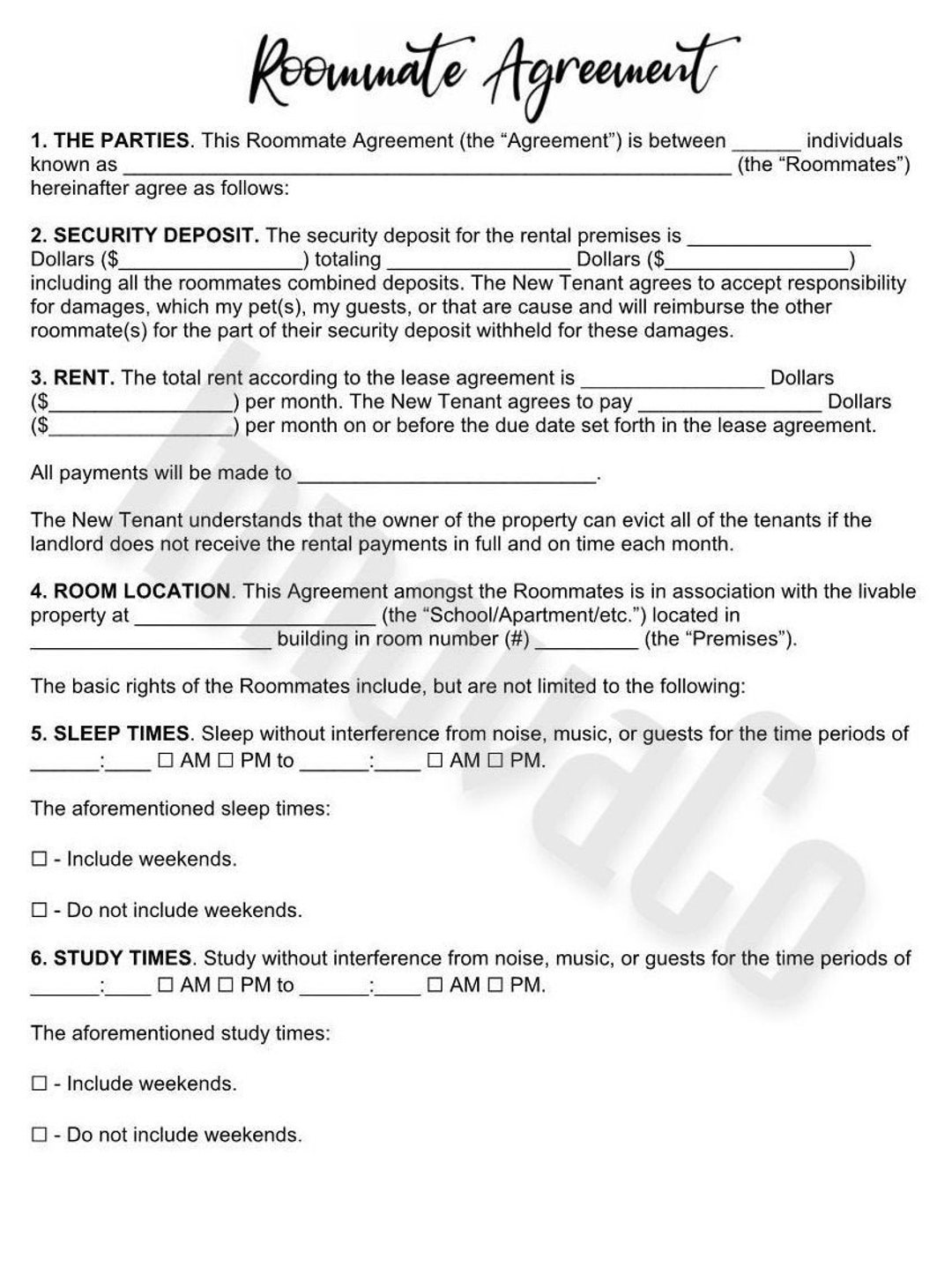 Roommate Agreement Template Roommate Contract Template Etsy Australia