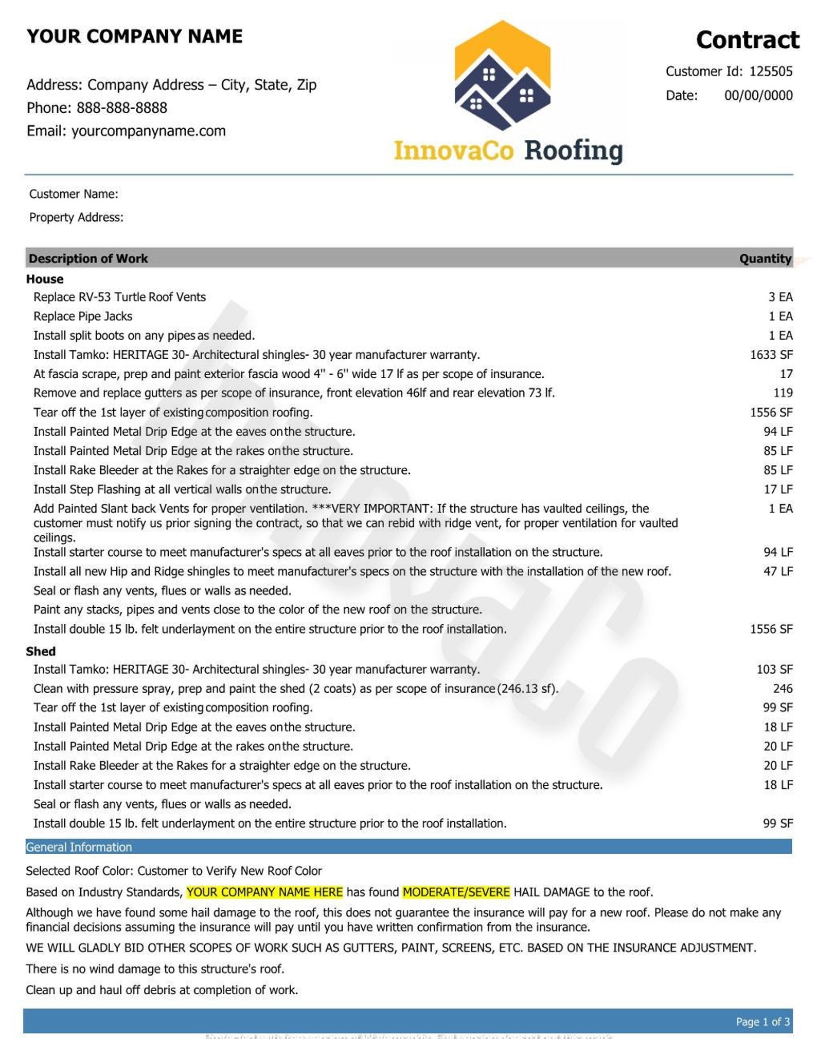 Roofing Contract Template, Roofing Quote Form, Roofing Contract Form ...