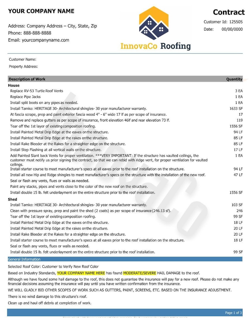 Roofing Contract Template, Roofing Quote Form, Roofing Contract Form ...