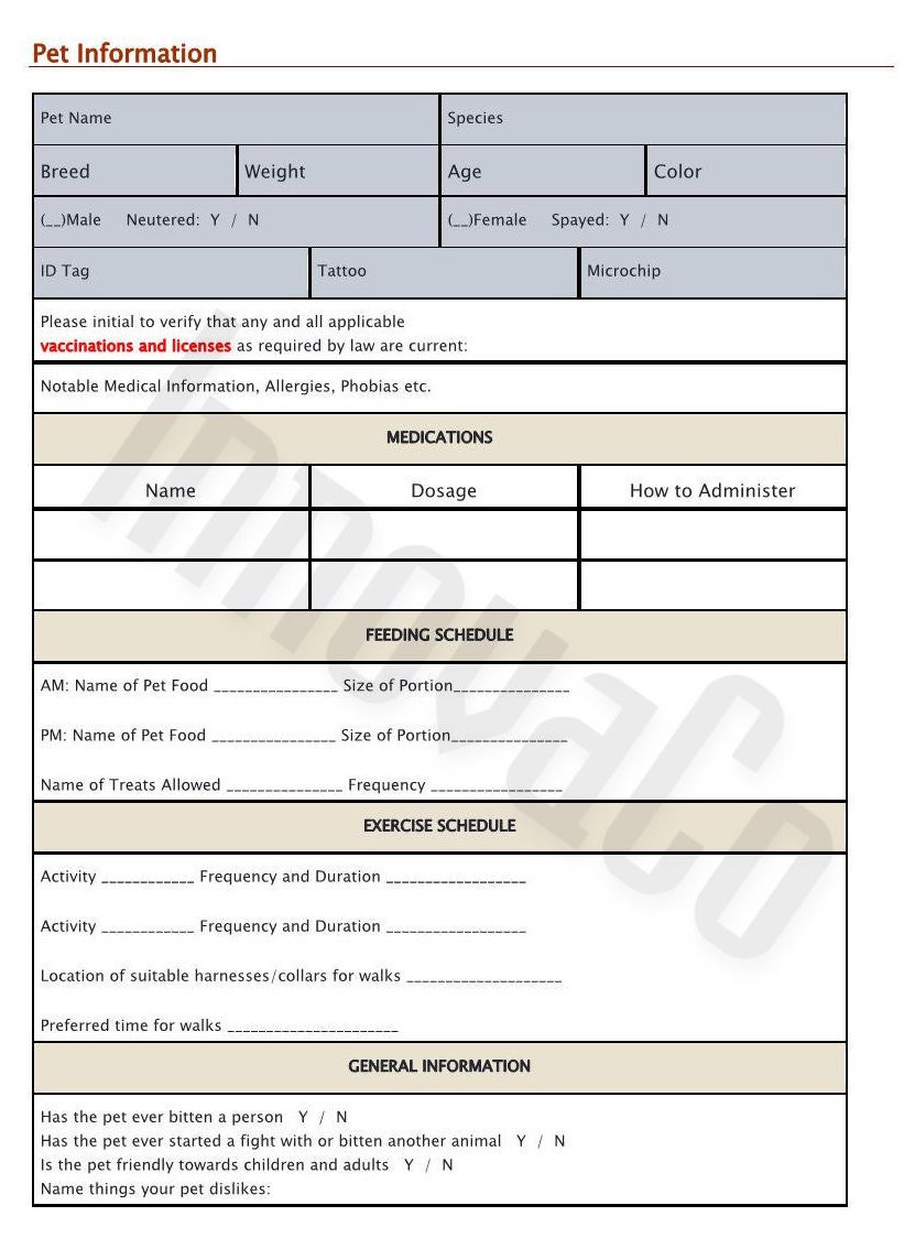 Pet Care Agreement, Pet Sitting Contract, Pet Care Contract, Dog ...