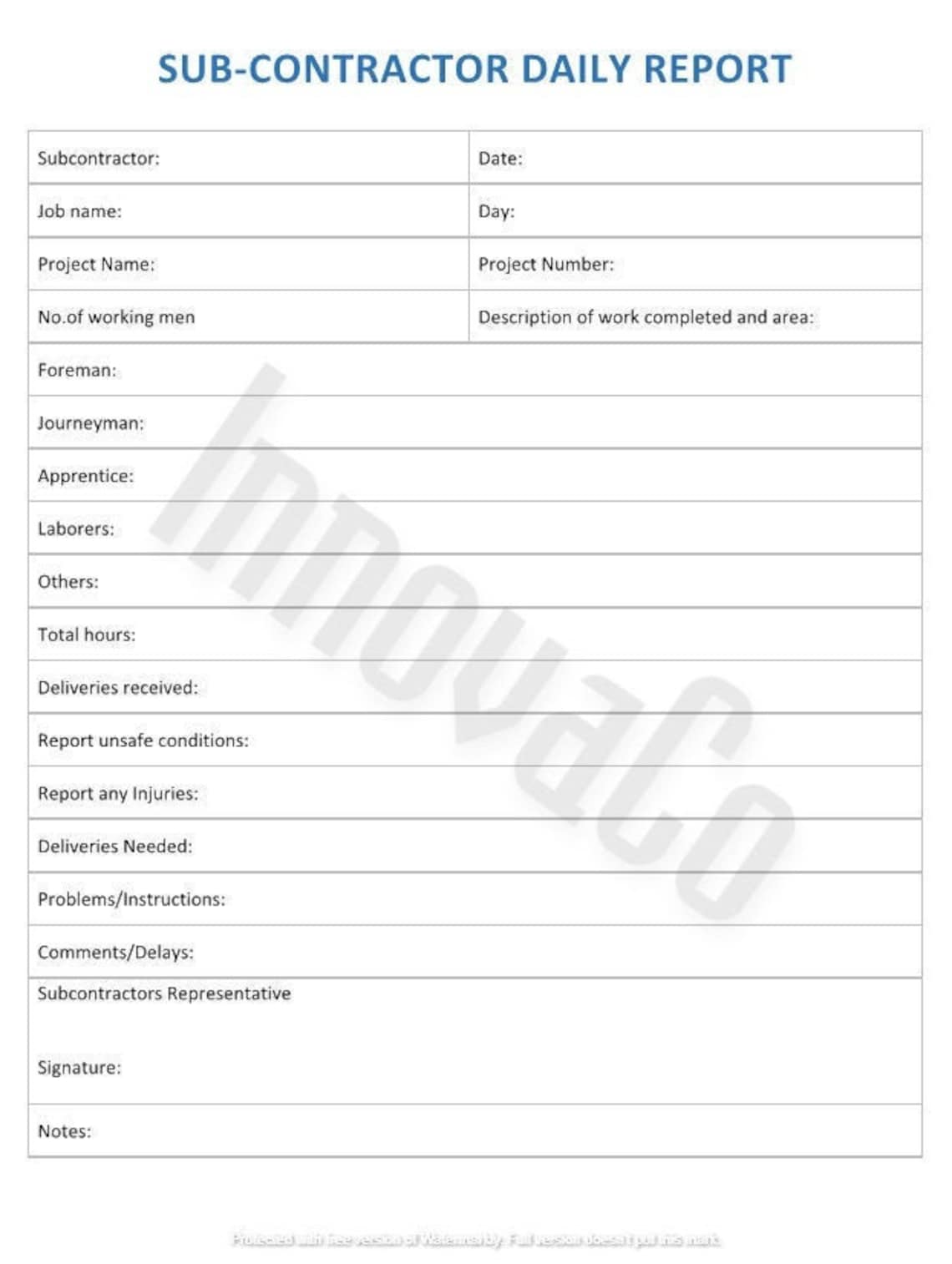 Contractor Daily Report Template, Subcontractor Daily Report Form, Sub ...